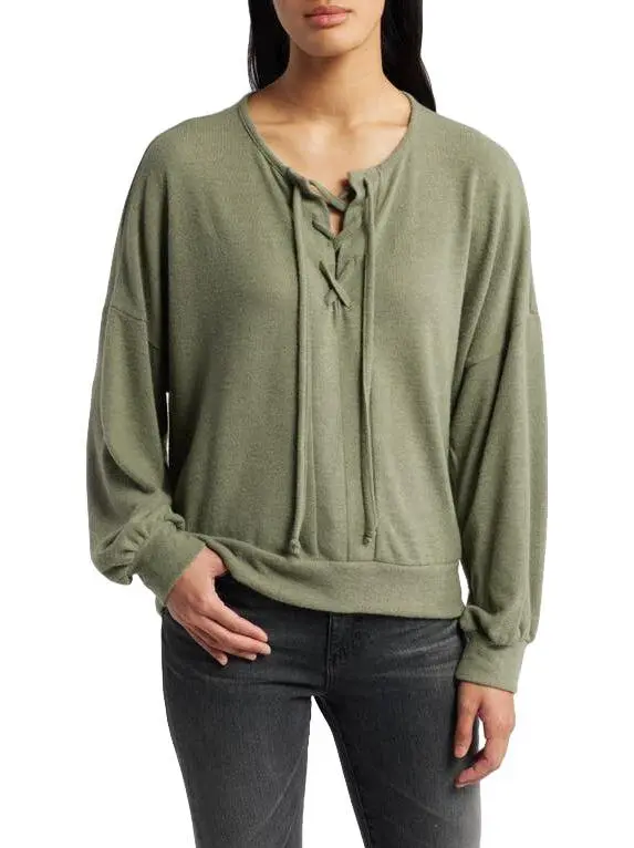 Loveappella Lace-up Knit Top - Olive