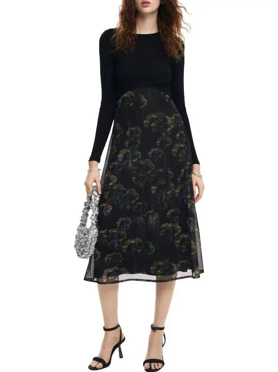 Desigual Pensee Mixed Media Long Sleeve Dress - Black