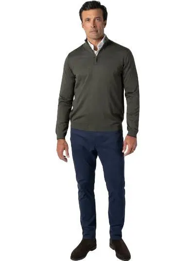 Robert Talbott Eastwood Quarter Zip Pullover - Olive Green With Navy Tipping