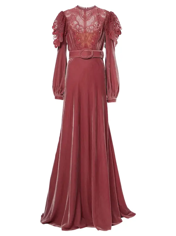 Costarellos Ashley Lace-trimmed Velvet Gown - Pink