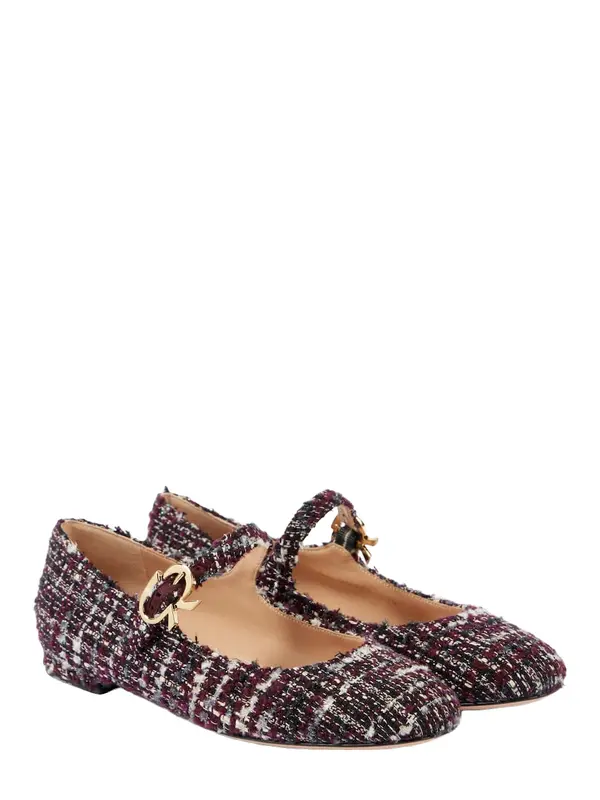 GIANVITO ROSSI Mary Ribbon Bouclé Mary Jane Flats - Burgundy