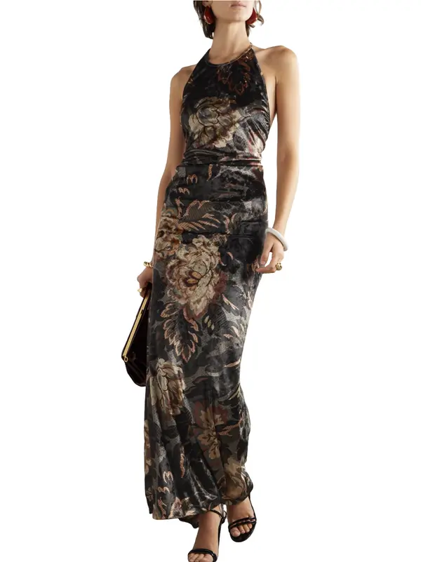 Etro Floral Halterneck Velvet Gown - Multicoloured