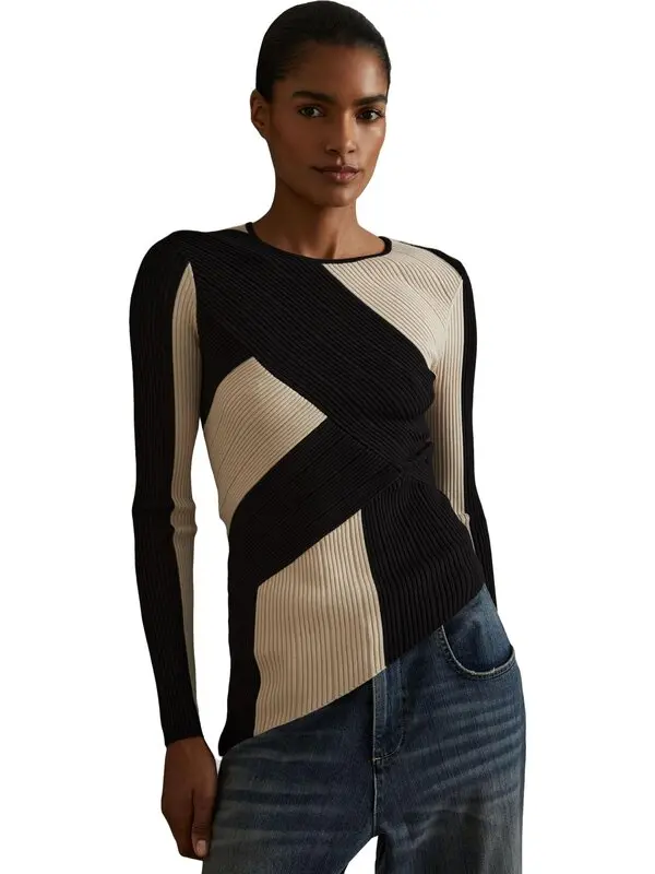 REISS Judy Knitted Top - Black/camel