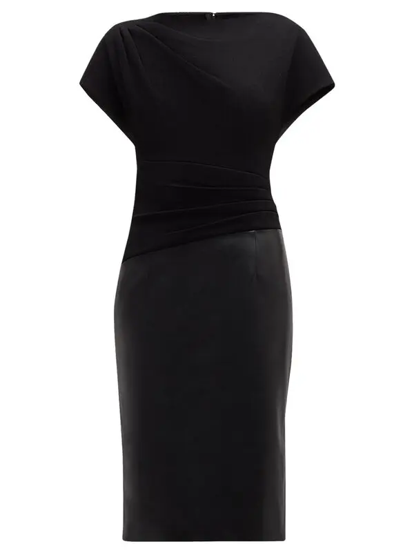 Rickie Freeman For Teri Jon Pleated Crepe And Vegan Leather Dress - Black
