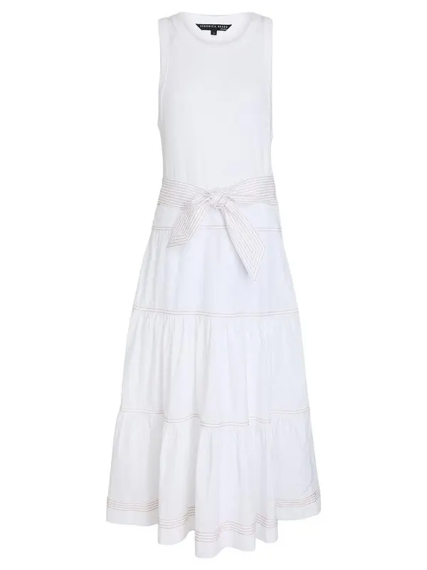 Veronica Beard Austyn Belted Ribbed Pima Cotton-blend Jersey And Poplin Midi Dress - White