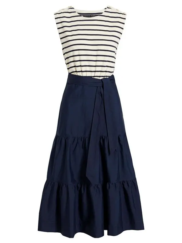 Veronica Beard Pazila Striped Cotton-jersey And Poplin Midi Dress - Navy