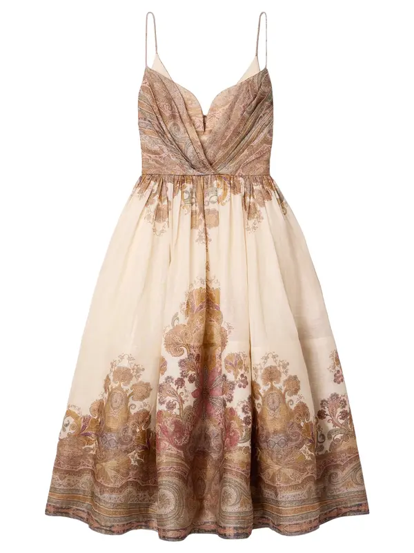 Zimmermann Illustration Pleated Printed Linen And Silk-blend Organza Midi Dress - Multi
