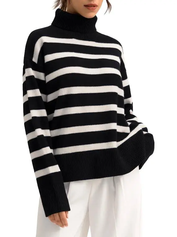 Lilysilk Tarra Stripe Turtleneck Sweater - Black