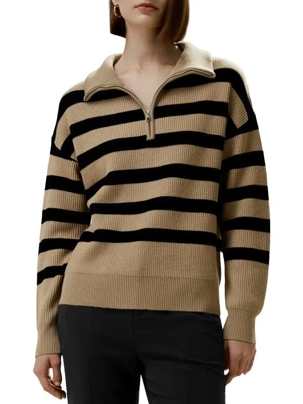 Lilysilk Collared Quarter-zip Striped Wool Sweater - Brown