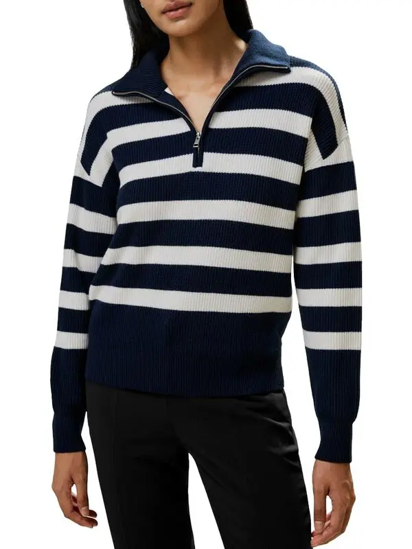 Lilysilk Collared Quarter-zip Striped Wool Sweater - Navy Blue