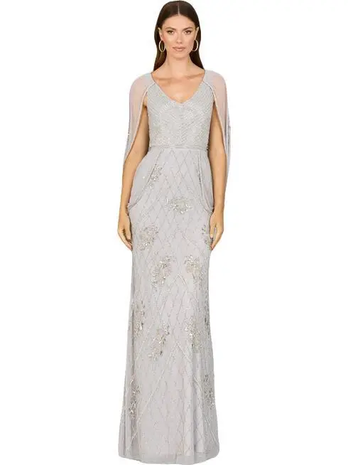 LARA NEW YORK Beaded Cape Sleeve Gown - Silver