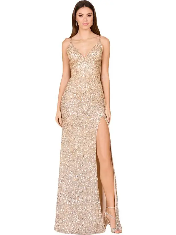 LARA NEW YORK Beaded V-neck Gown With Slit - Champagne Silver