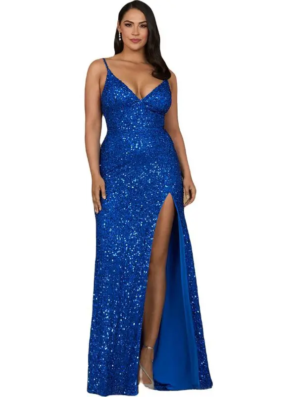 LARA NEW YORK Beaded V-neck Gown With Slit - Royal