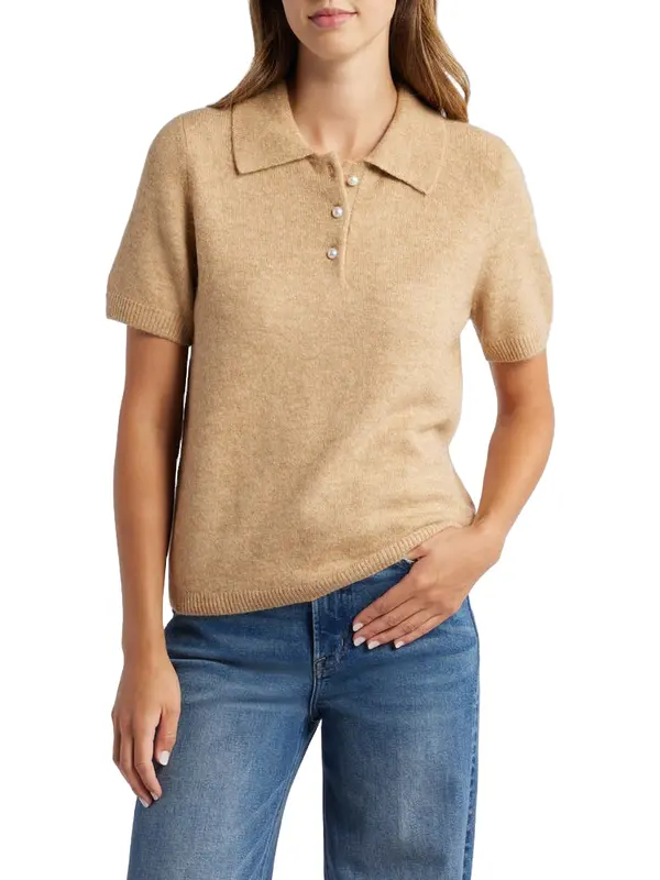 CECE DUPRAZ Imitation Pearl Button Polo Sweater - Latte Heather Beige