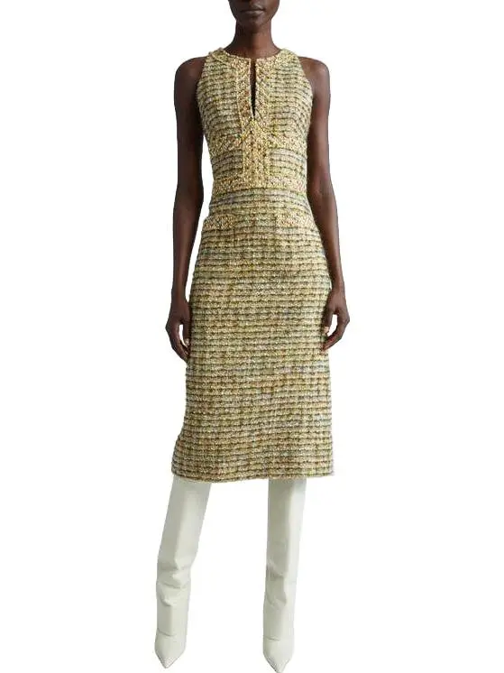 St. John Sleeveless Metallic Tweed Sheath Dress - Cypress/moss Multi