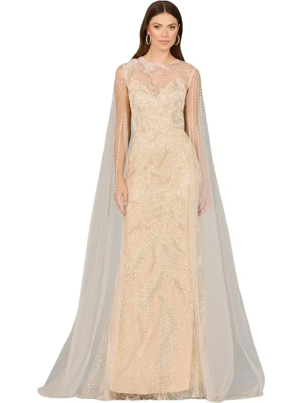 LARA NEW YORK Long Cape Beaded Gown - Champagneivory