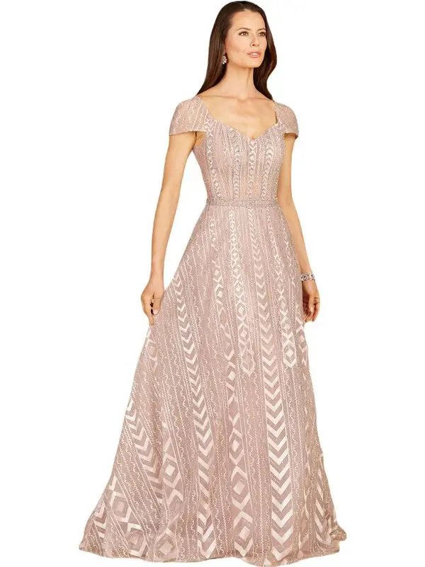 LARA NEW YORK Cap Sleeve Beaded Lace Ballgown - Antiquerose