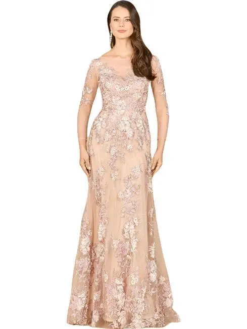LARA NEW YORK Long Beaded Flutter Sleeve Dress - Blush