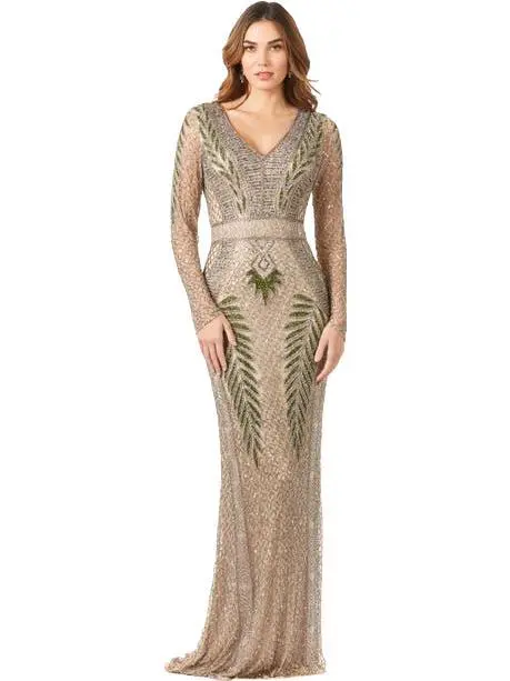 LARA NEW YORK Long Sleeve Beaded Tulle Gown - Nudemulti