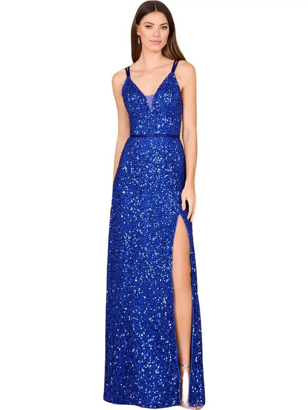 LARA NEW YORK Beaded Cap-sleeve Gown With Slit - Sapphire