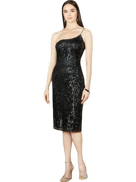LARA NEW YORK Beaded One-shoulder Midi Dress - Black
