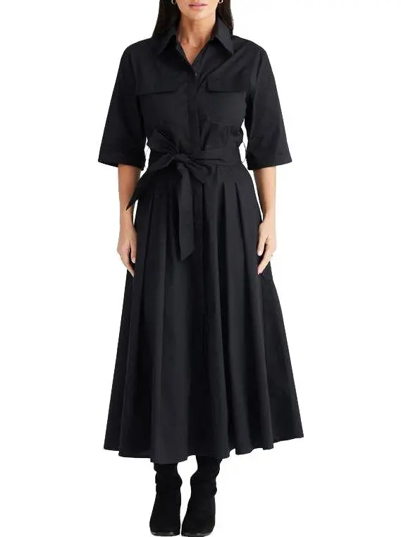 BRAVE+TRUE Rossellini Pleated Cotton Shirt Dress - Black