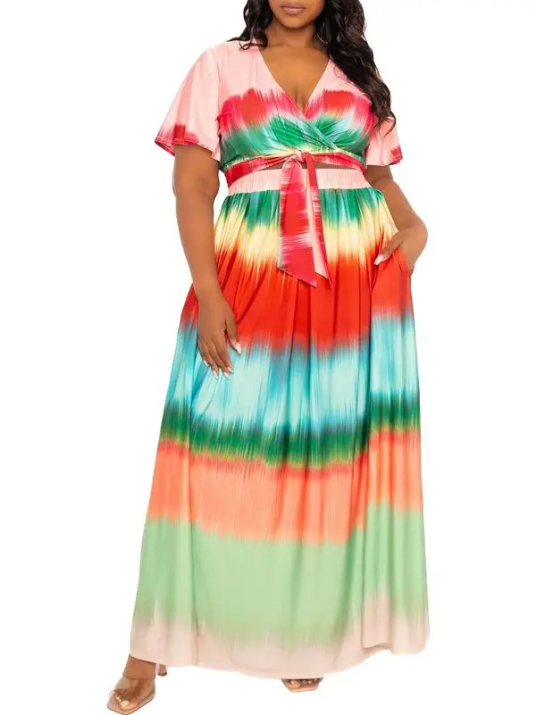 BUXOM COUTURE Gradient Stripe Wrap Crop Top & Maxi Skirt Set - Multi