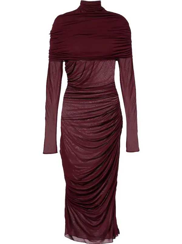 MUGLER Sheer Ruched Midi Dress - Red