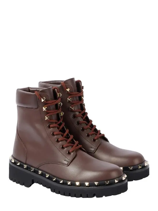 Valentino Garavani Rockstud Leather Combat Boots - Brown
