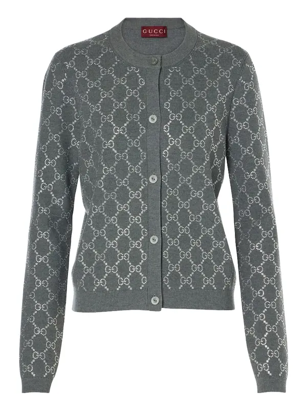 Gucci Gg Embellished Wool Jacquard Cardigan - Grey