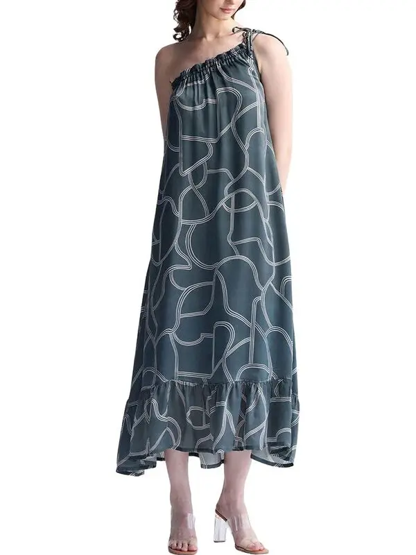 REISTOR One Shoulder Midi Dress With Drawstring Neckline And Ruffled Hem - Twirls And Twists