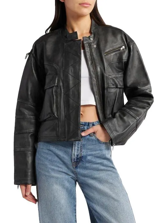 Free People Adrienne Leather Bomber Jacket - Black