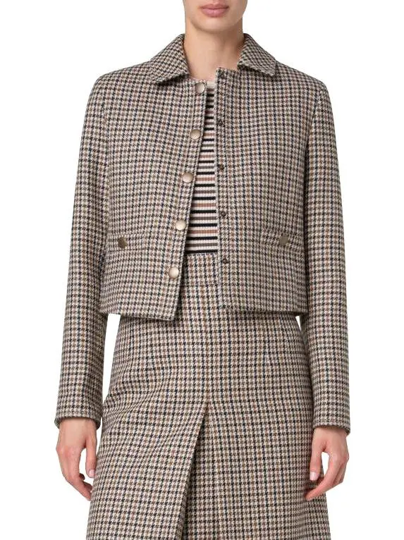 Akris Houndstooth Shetland Wool Tweed Crop Jacket - Beige-cognac-black