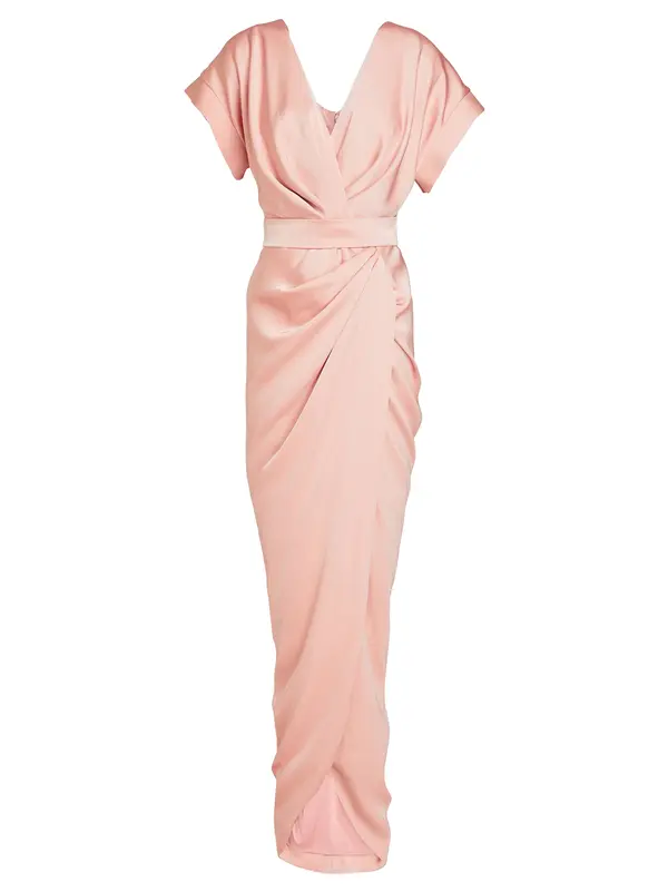 RHEA COSTA Jaya Belted Draped Satin Maxi Dress - Blush