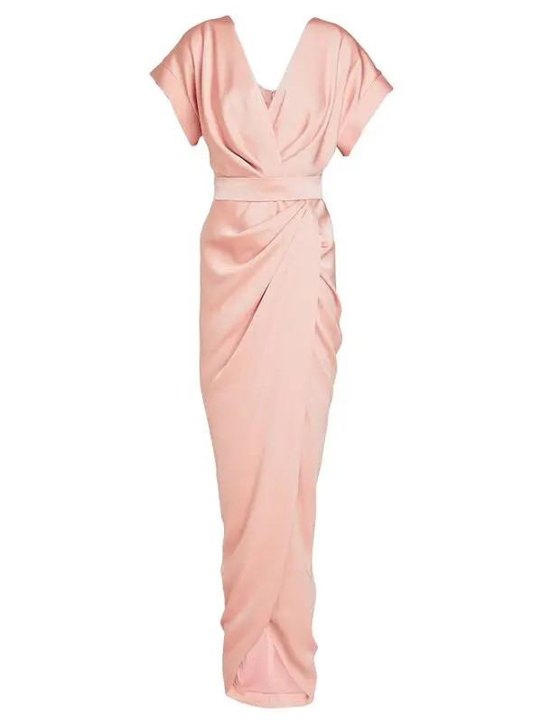 RHEA COSTA Jaya Belted Draped Satin Maxi Dress - Blush