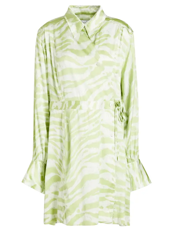 GANNI Tiger-print Silk-blend Satin Mini Wrap Dress - Light Green