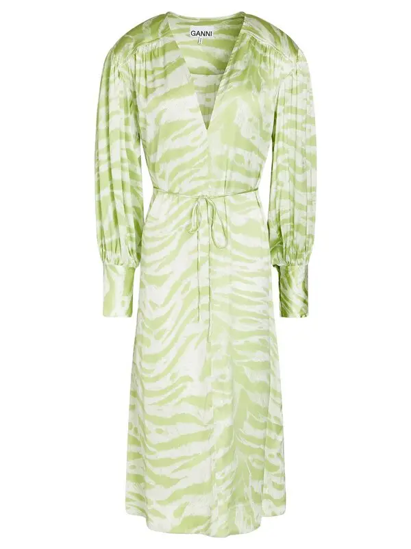 GANNI Tiger-print Silk-blend Satin Midi Dress - Light Green