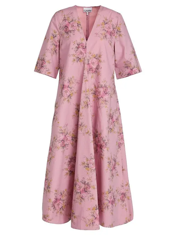 GANNI Floral-print Cotton-poplin Midi Dress - Pink