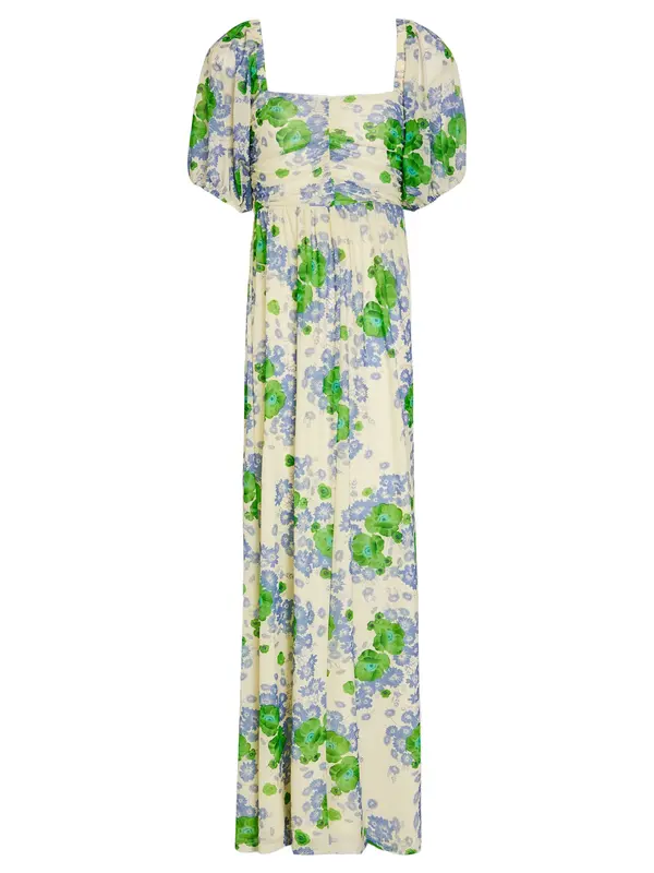 GANNI Ruched Floral-print Maxi Dress - Green