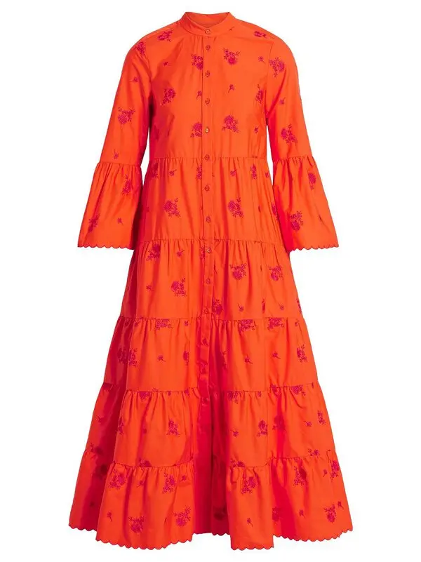 Erdem Tiered Embroidered Cotton-poplin Midi Shirt Dress - Orange