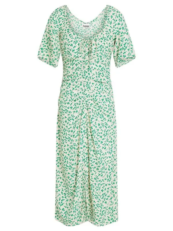 GANNI Printed Crepe Midi Dress - Green