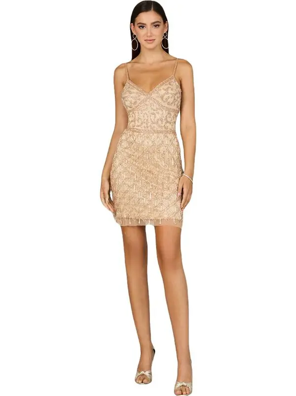 LARA NEW YORK Beaded Cocktail Dress With Fringe - Champagne