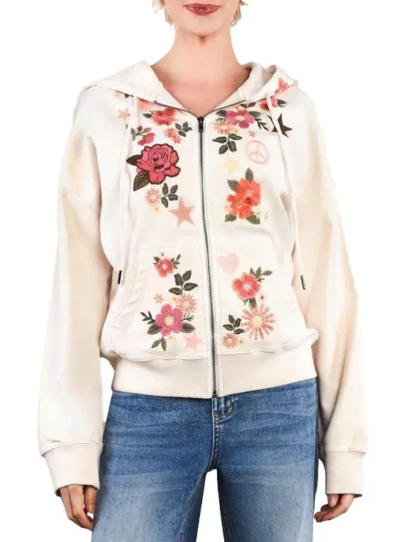 BILLY T Floral Embroidered Hoodie - Iced Latte