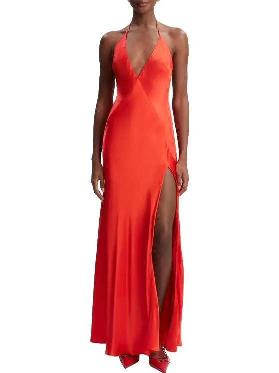 Bardot Yve Satin Halter Dress - Fire Red