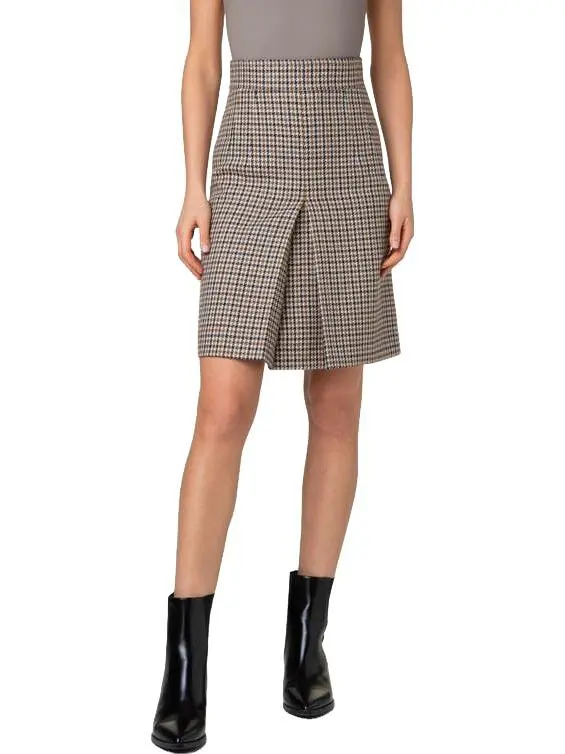 Akris Houndstooth Shetland Tweed Wool A-line Skirt - Beige-cognac-black