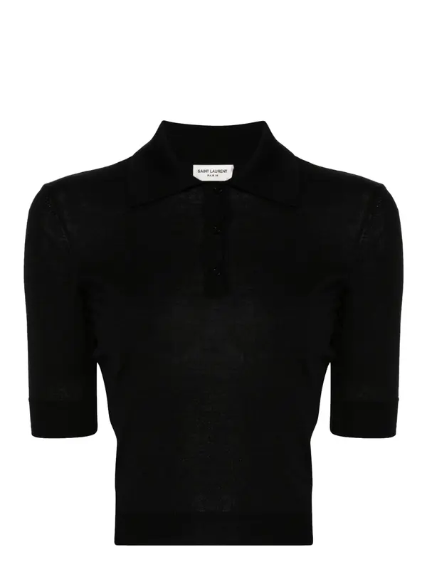 Saint Laurent Cassandre Embroidery Polo Top - Black