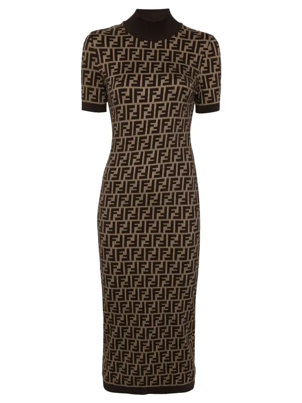 Fendi Ff-jacquard Midi Dress - Brown