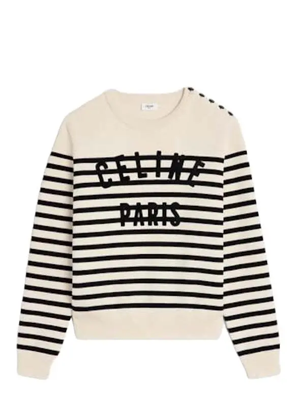 Celine Crew Neck Mariniere Cotton Sweater - Off White/black