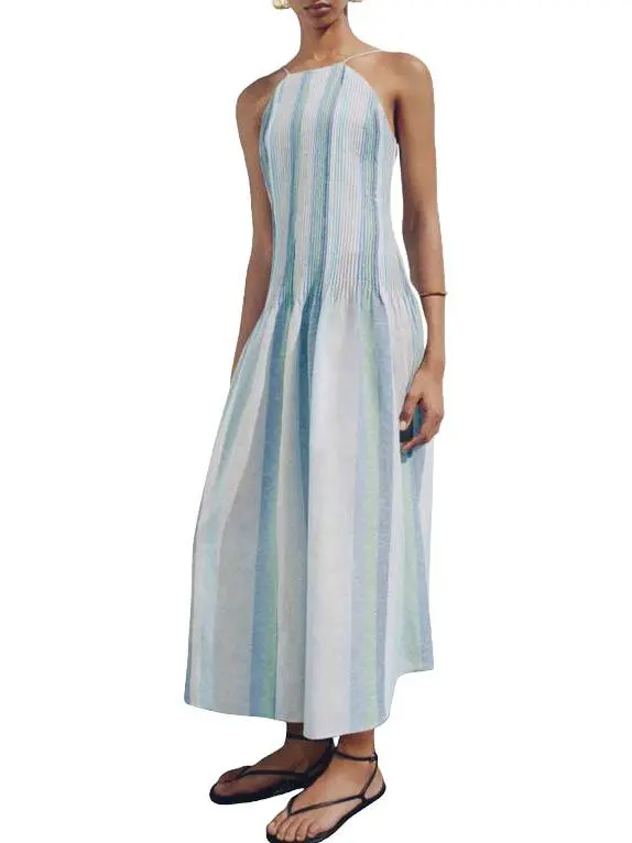 Mango Stripe Linen Blend Dress - Blue