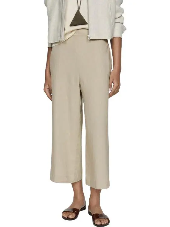 Mango Linen Blend Wide Leg Cropped Pants - Beige